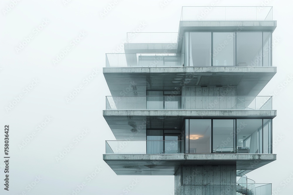 A modern minimalist building with multiple balconies stacked in layers ...