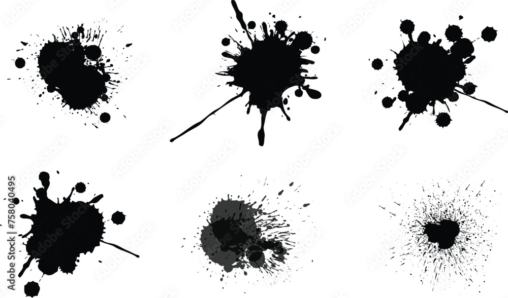 : Ink drops and splashes. Blotter spots, liquid paint drip drop splash ...