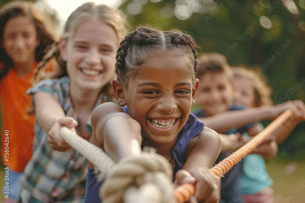 kids playing tug of war in the park. A multiracial group of people are ...