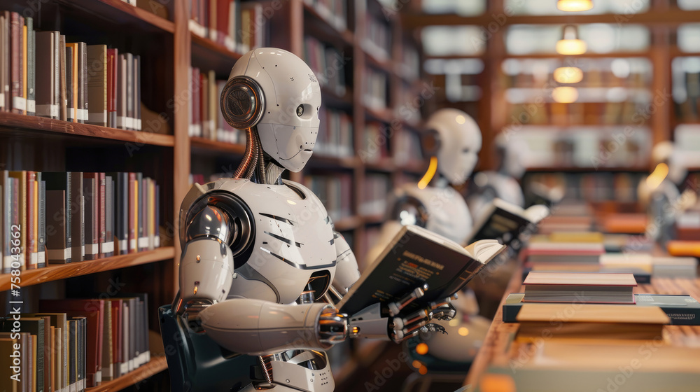 an AI robot reading books in the library, surrounded by bookshelves ...