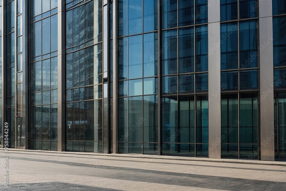 sidewalk in front of a large building, full of clear glass facades ...