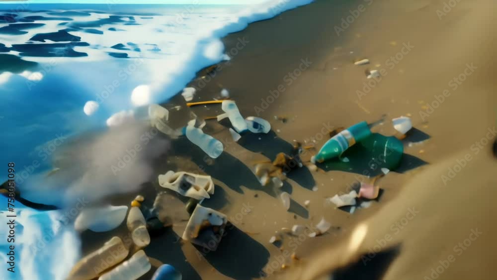 Ocean shore littered with plastic pollution and waste materials ...