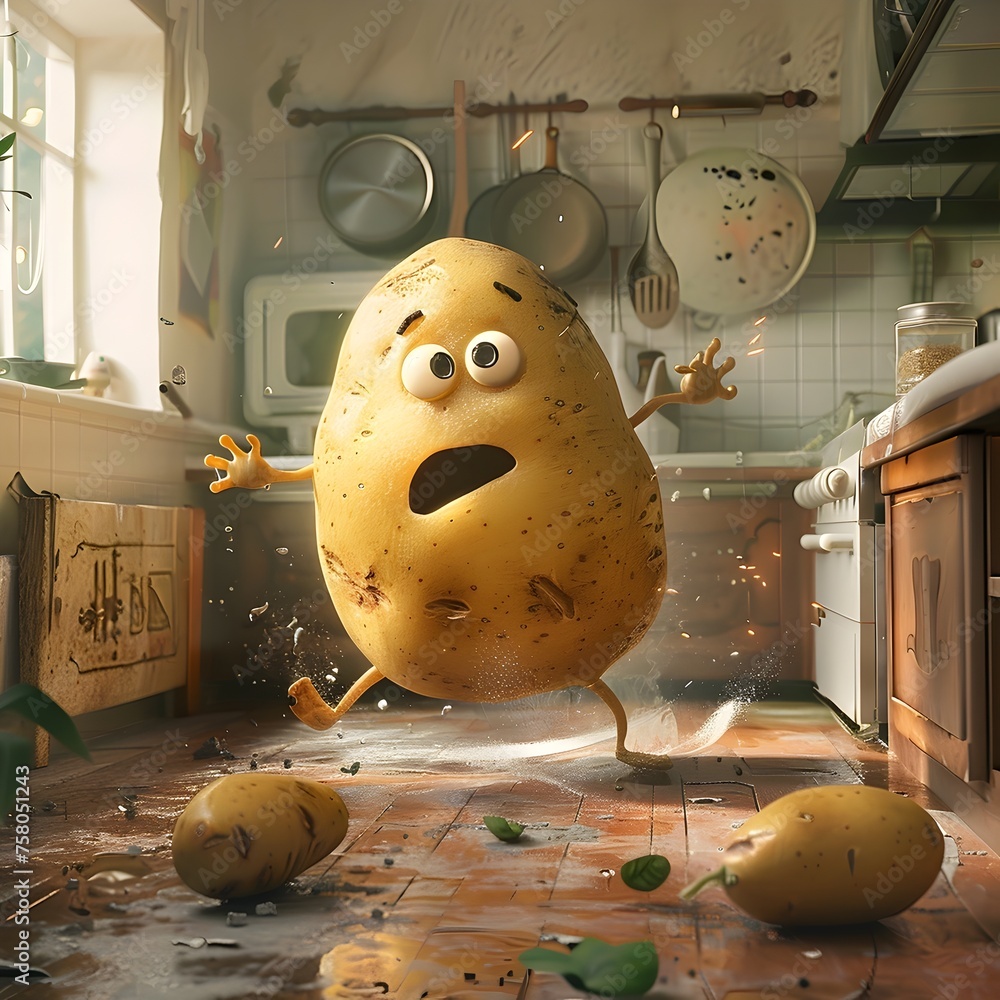 A potato character is jumping in the air with a smile on its face. The ...