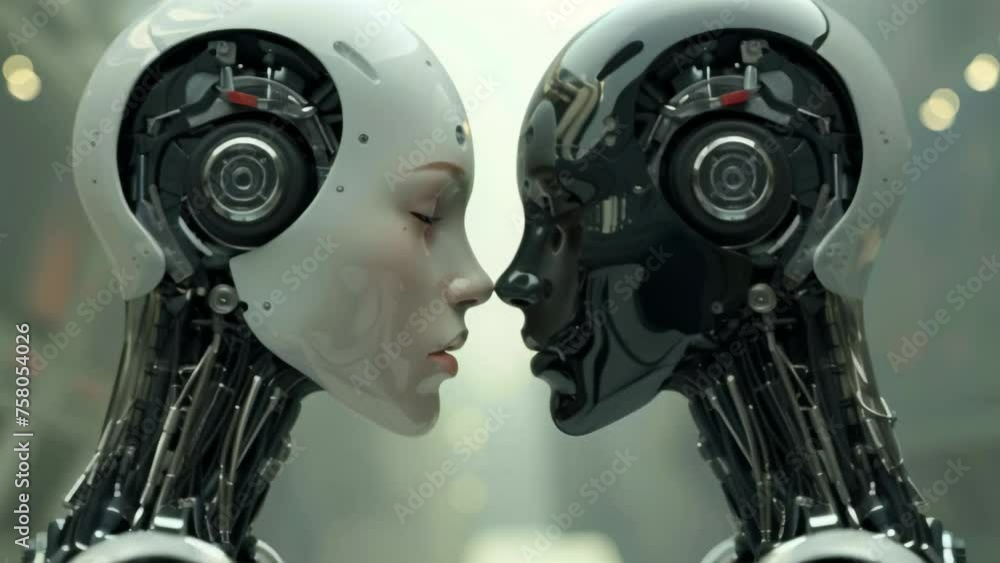Black and white humanoid robots in close proximity. Futuristic AI concept with intricate ...