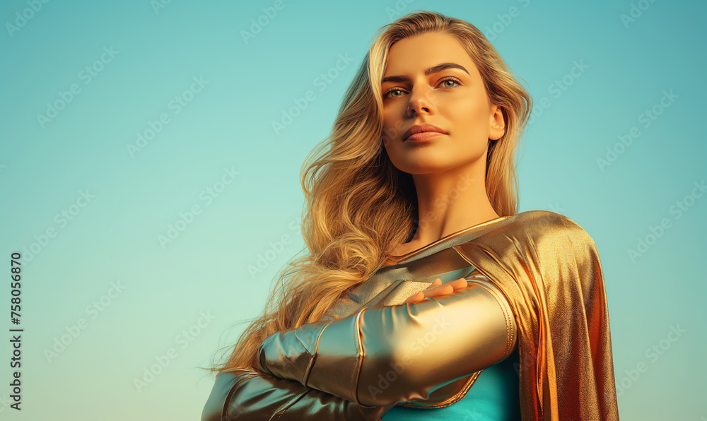 Superhero Woman. Young and beautiful blonde in image of superheroine ...