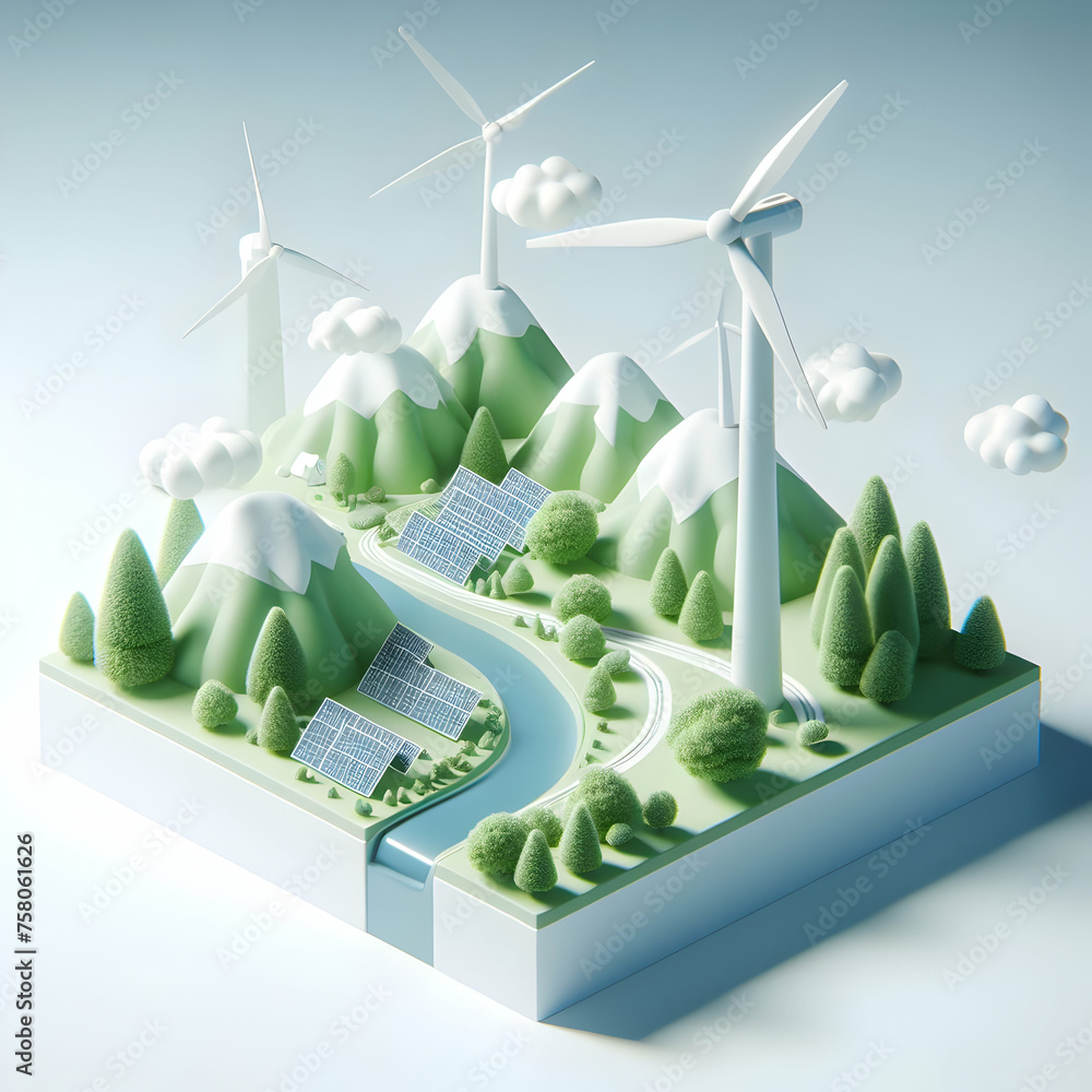 3D Flat Icon Renewable Energy Landscape Concept A landscape powered by ...
