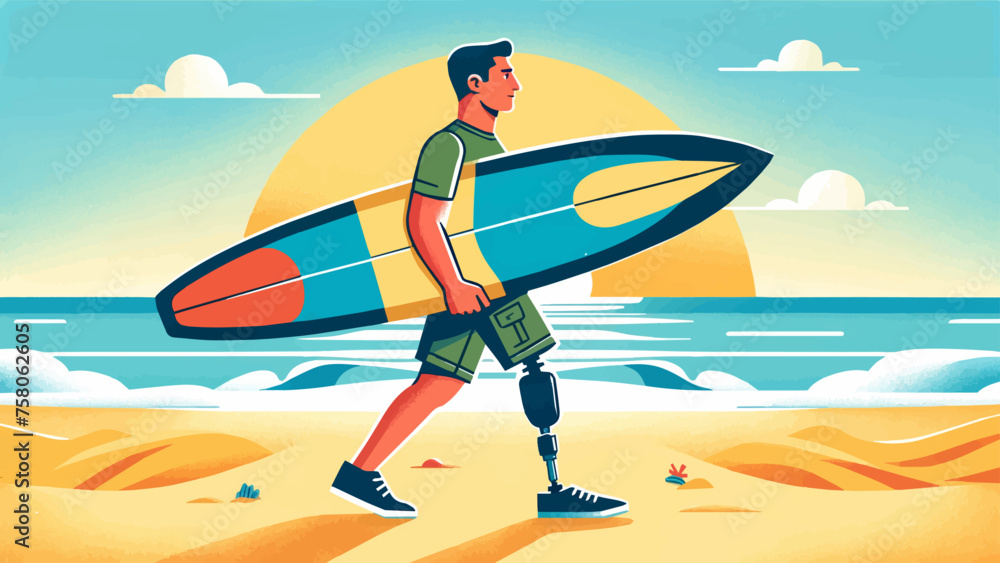 handicapped surfer with a prosthetic leg, carrying a surfboard under ...
