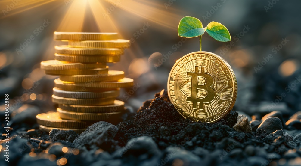 Bitcoin coins with chart graph. nature-inspired design with piles ...