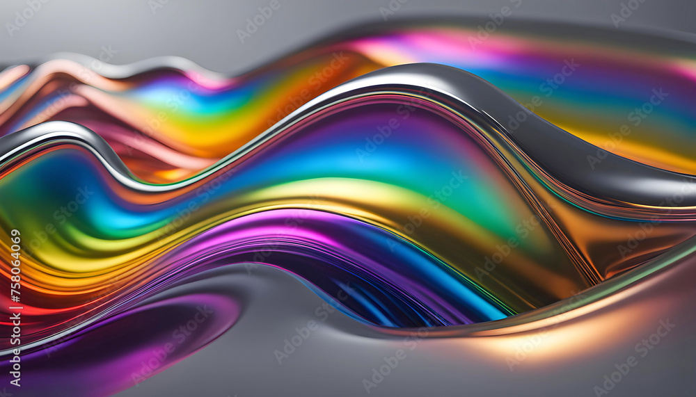 Abstract background from a rainbow flow of liquid metal on a gray ...