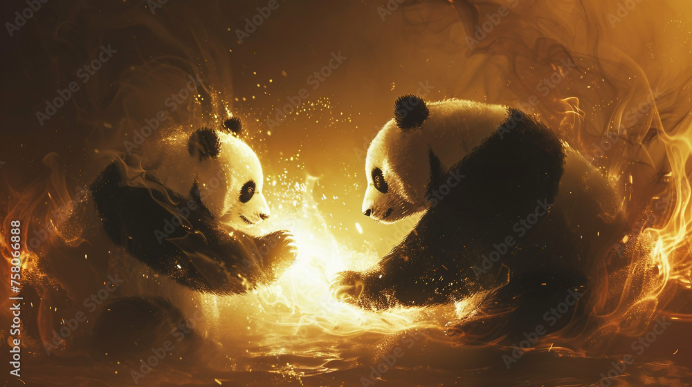 Generative AI,Two pandas, one embodying yin with a soft, luminescent ...