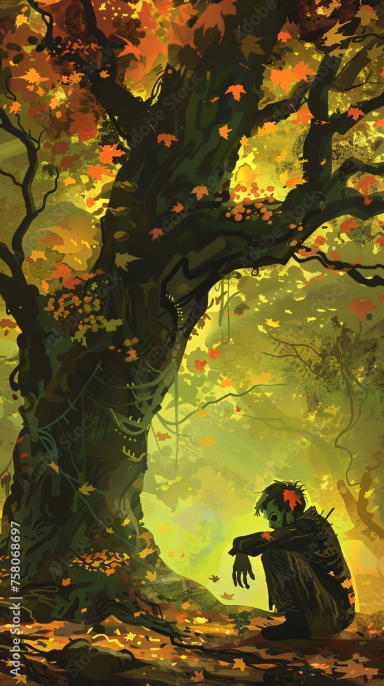 Zombie seated beneath an ancient tree, observing the autumn leaves as ...