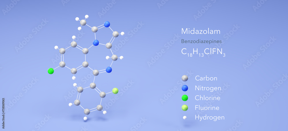 midazolam molecule, molecular structures, benzodiazepines, 3d model ...