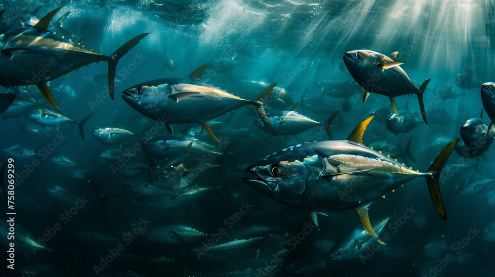 Shoal of Atlantic bluefin tuna swimming underwater in the ocean this is ...