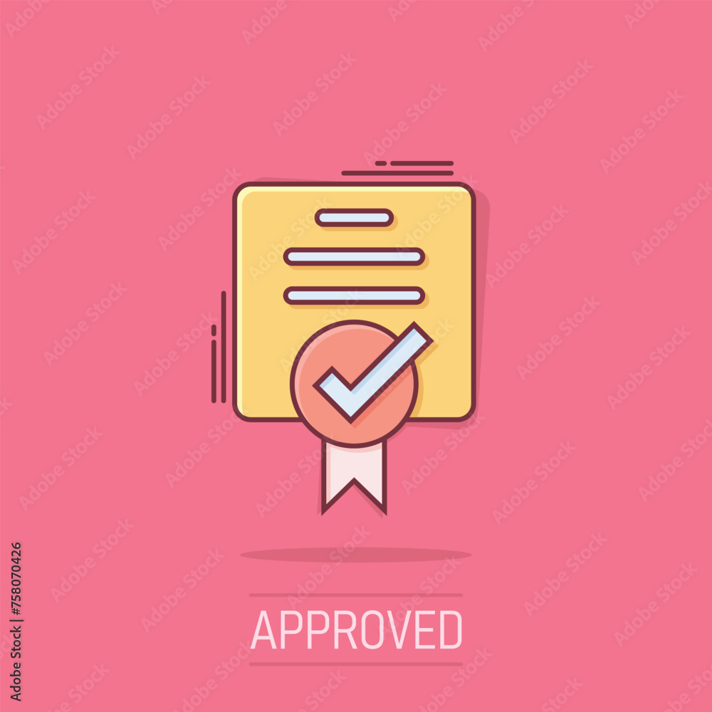 Approve certificate icon in comic style. Document check mark cartoon ...