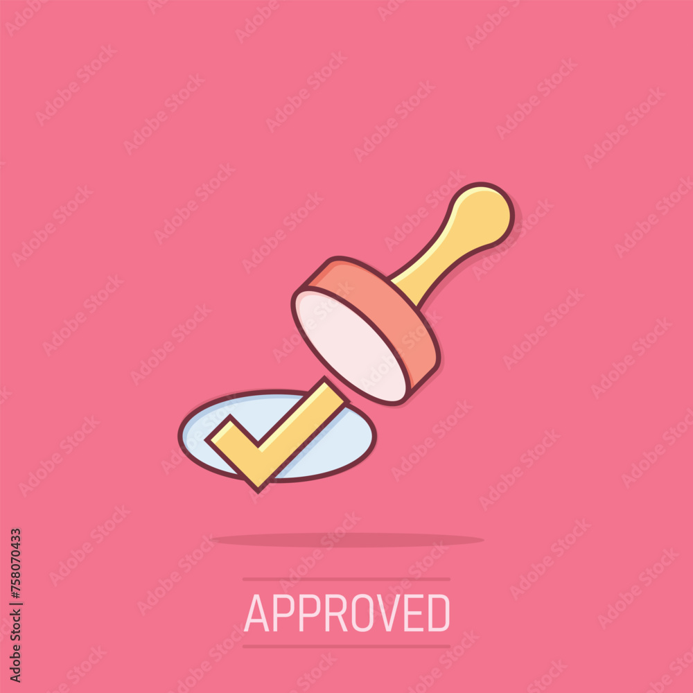 Approve stamp icon in comic style. Accept check mark cartoon vector ...