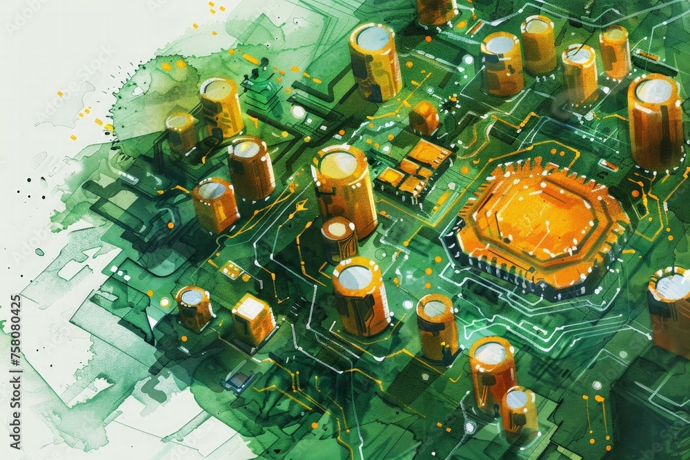 Hand-drawn pastel digital watercolour paint sketch Microchips detailed ...