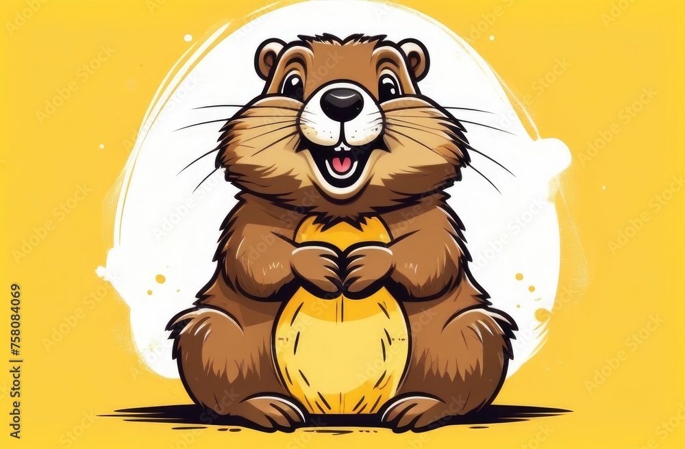 Funny cartoon groundhog,groundhog day holiday, hamster on yellow ...