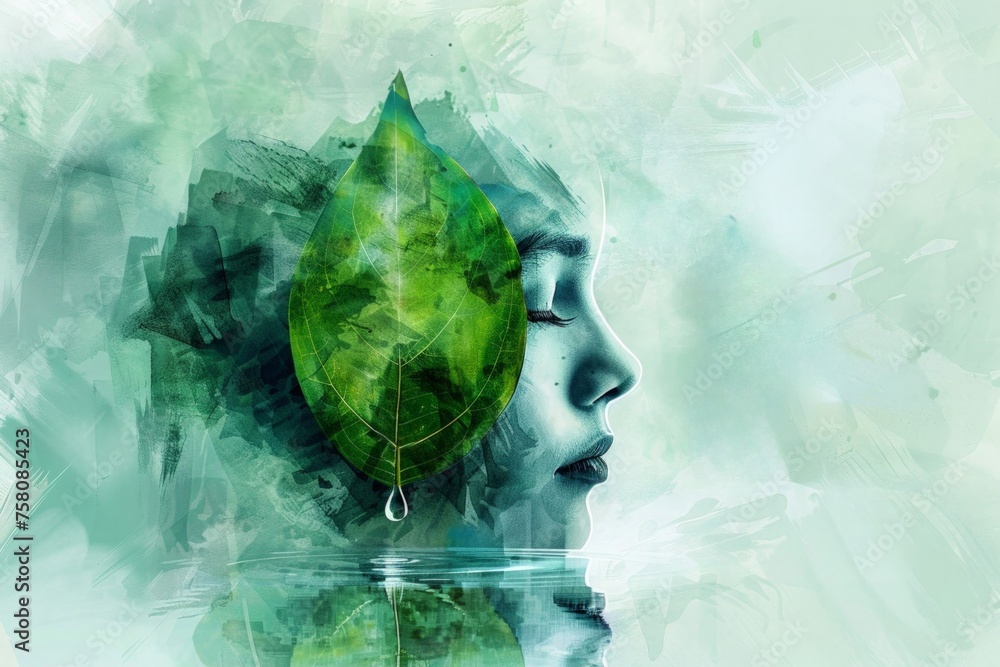 Watercolor , vibrant green leaf, symbolizes emotional wellness, health ...