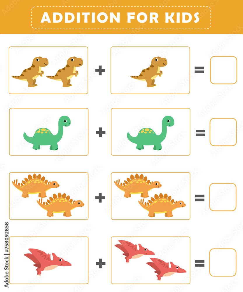 Preschool addition worksheet with cute dino illustration. Math ...