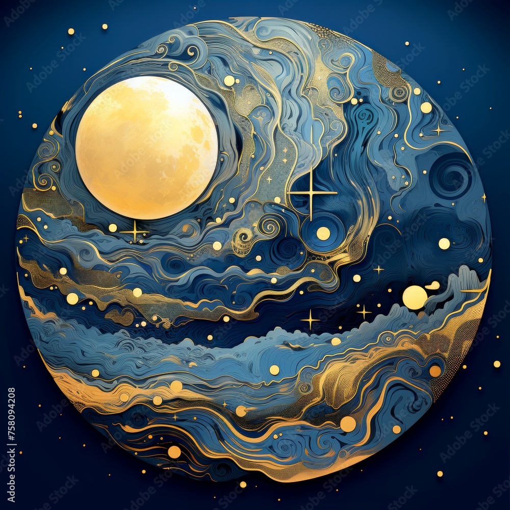 Abstract illustration of a blue and gold planet with lots of pattern ...