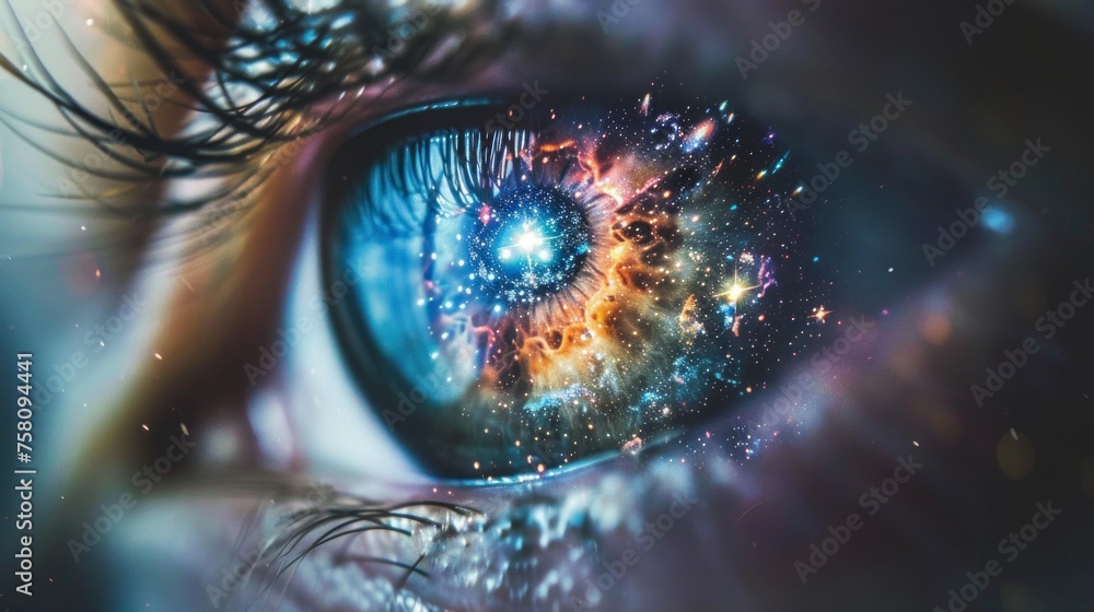 human eye very close view with reflection of the universe, stars ...