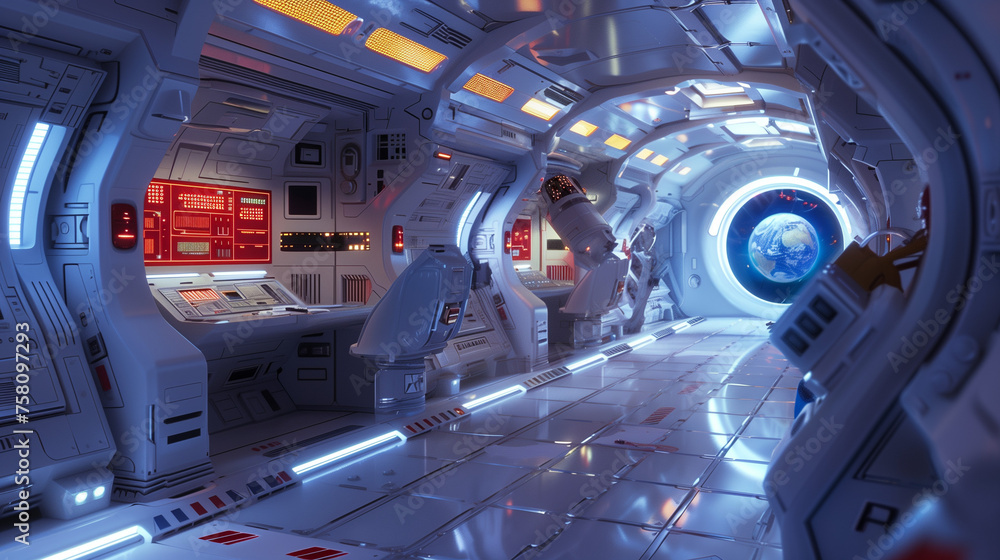 e interior of a futuristic space station, illuminated by ambient lights ...