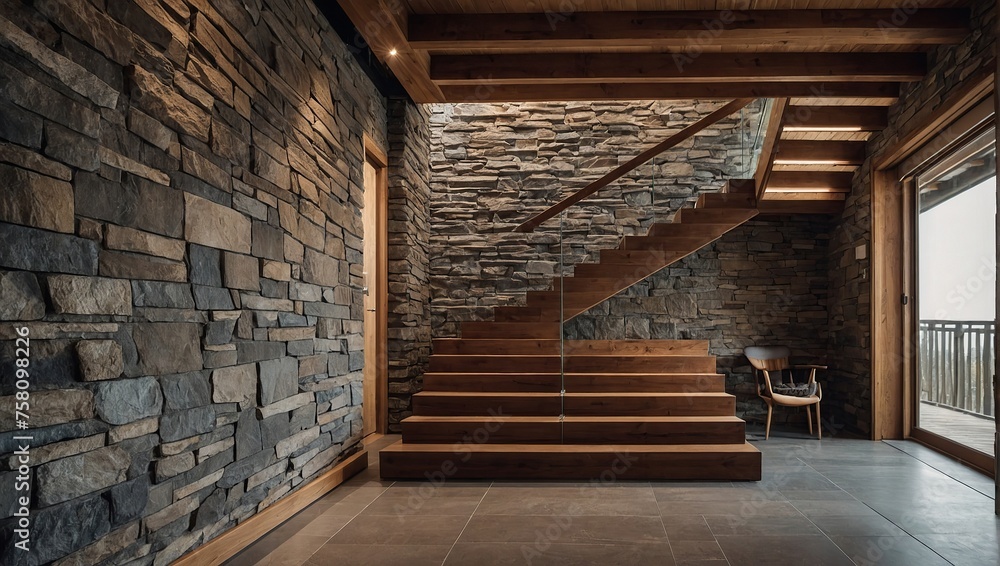 Wooden staircase and stone cladding wall in rustic hallway, Cozy home ...