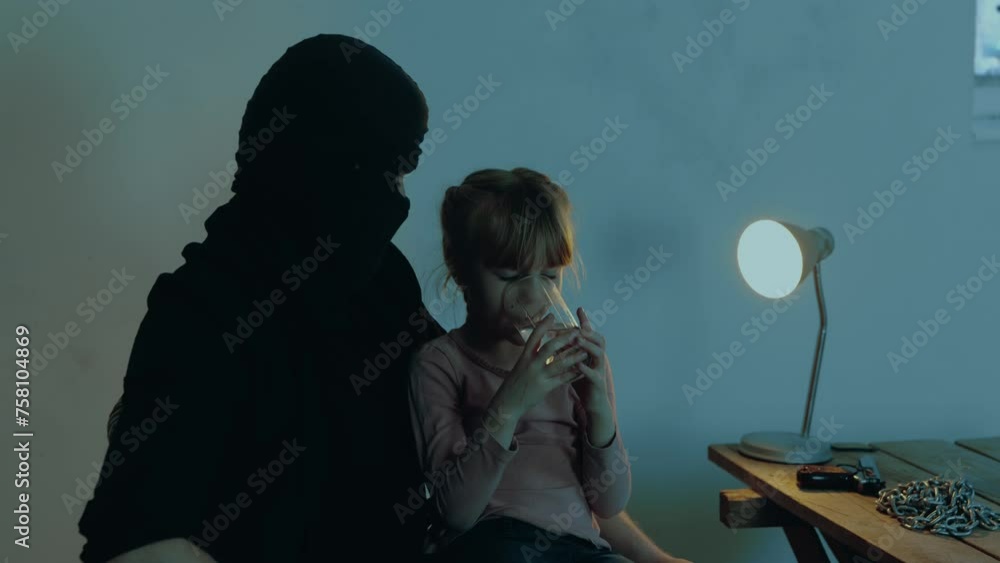 Kidnapper holding the girl hostage in his arms while giving a glass of ...