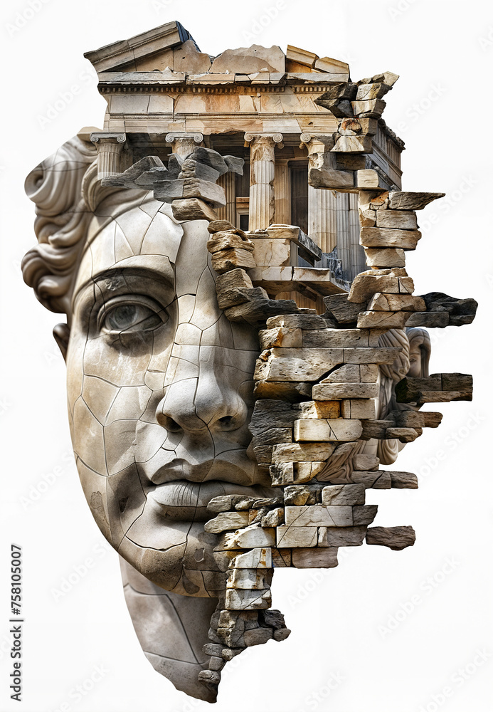 Classical Grreek statue shaped by ancient greek building with big ...