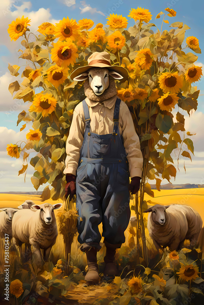 Shepherd sheep in work uniform wearing hat against backdrop of a field ...