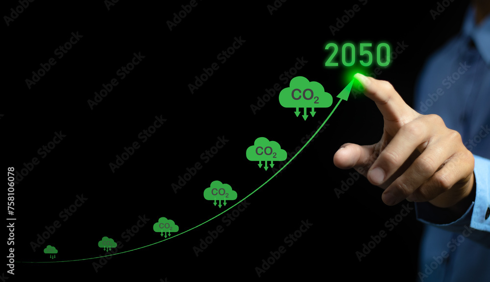 Net zero emissions by 2050. Businessman touching climate growth arrow ...