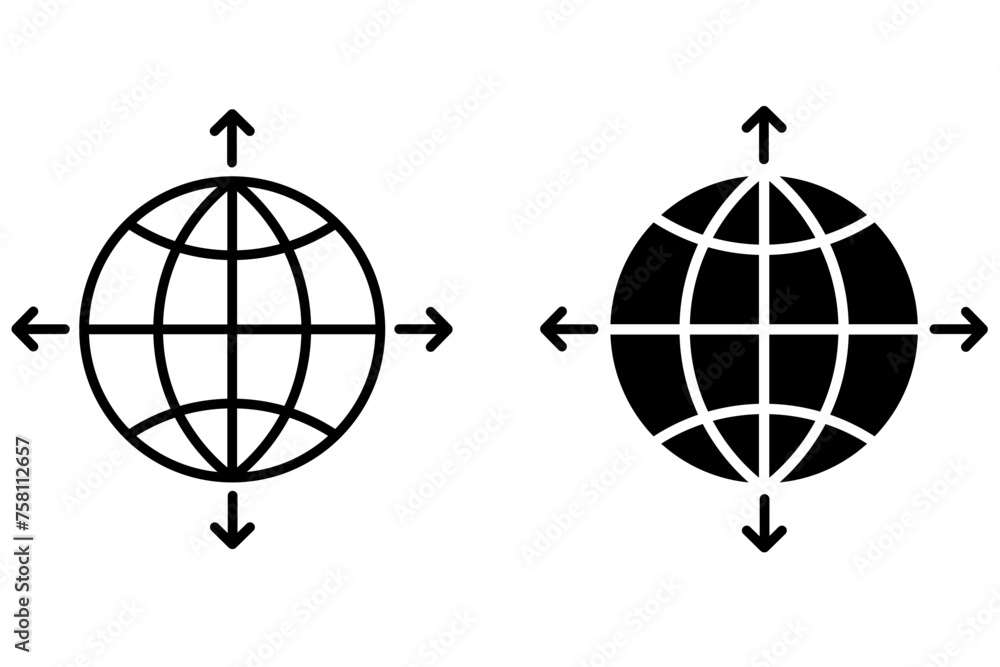 Globe with arrows around outline and filled icon. Worldwide symbol ...