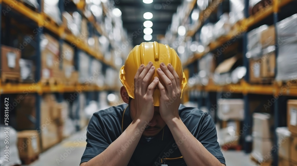 Empty Warehouse at Night with Solitary Worker Taking a Break, Visibly ...