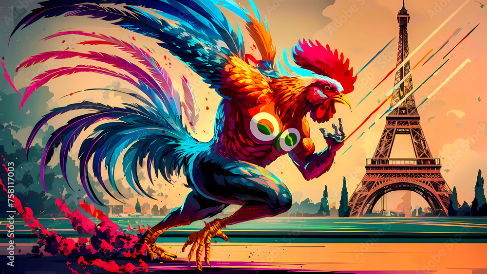 Running rooster athlete with muscles closeup against the Eiffel Tower ...
