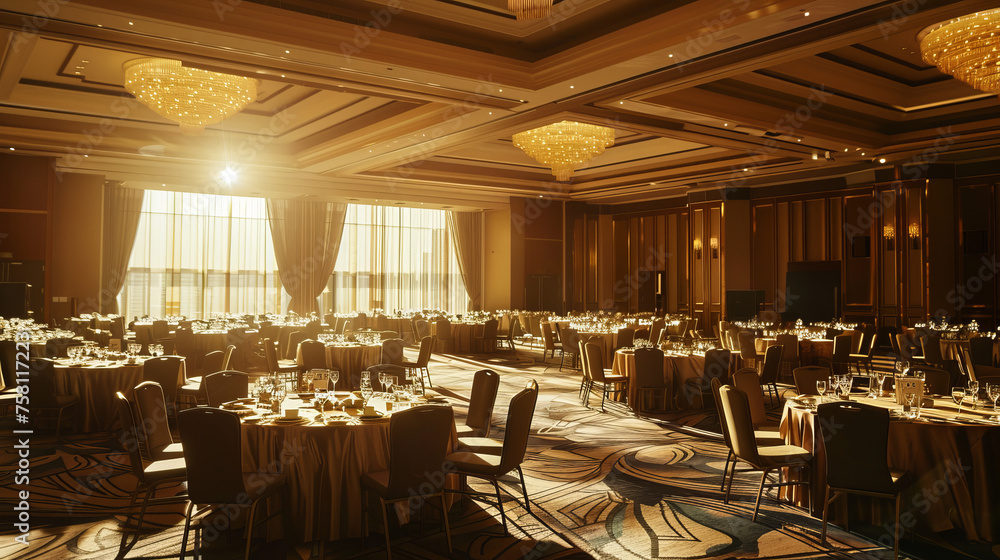 Sunlight floods through windows in a grand banquet hall set up for a ...