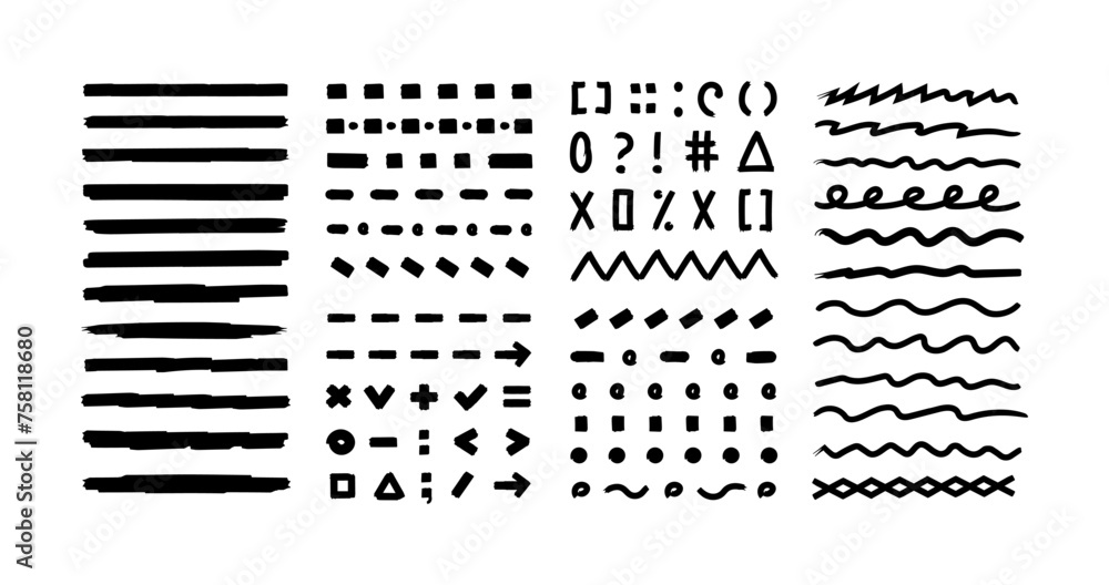 Hand-drawn set highlight marker lines, underlines, brush lines, rounds ...