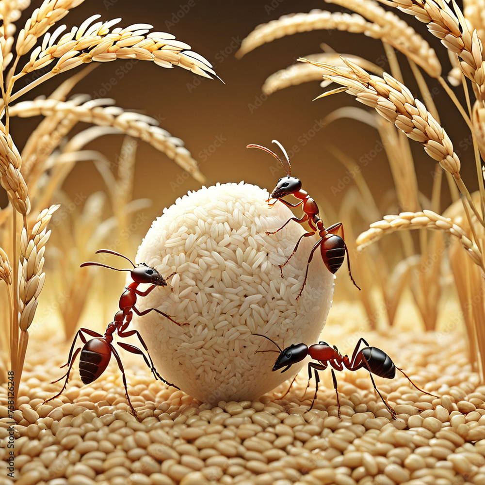 Three ants somewhere in a rice field with a surprising ball of rice ...
