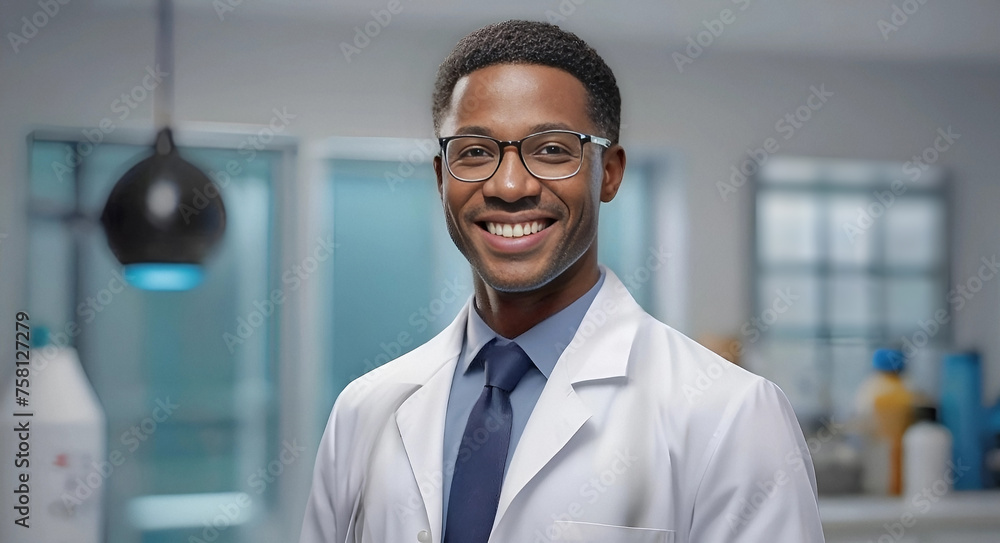 Portrait of male African American doctor standing in her office at ...