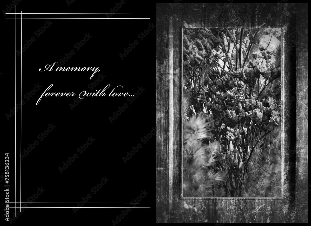 Condolences with a photo frame with cemetery flowers. Black and white ...