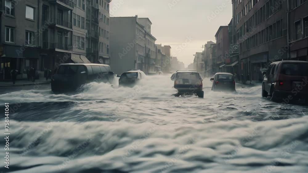 tsunami covers the city, water running through the streets among the ...