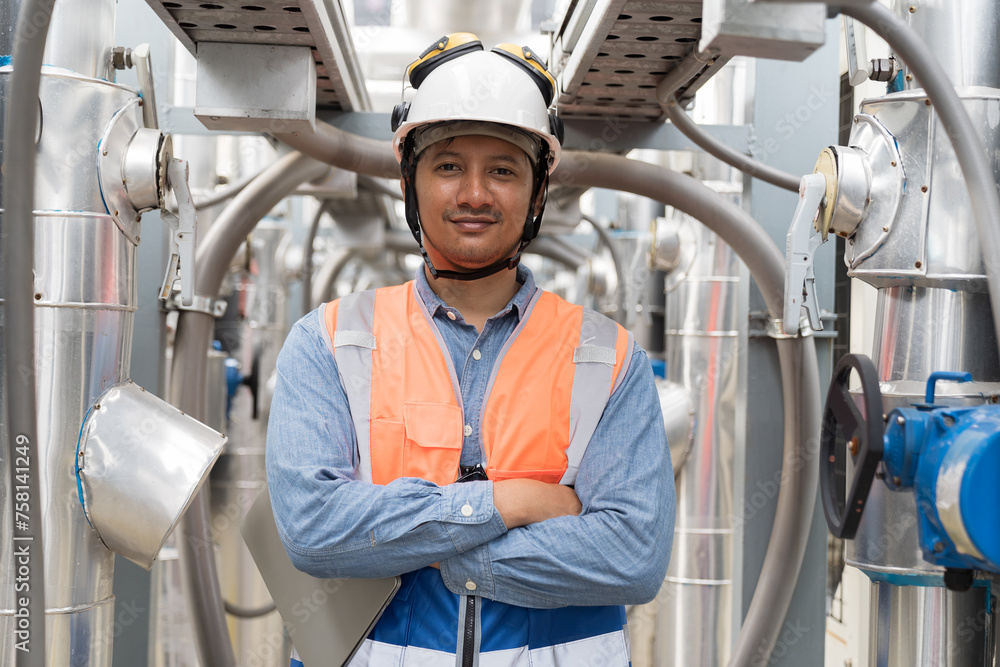 Portrait of male plumber working and standing with crossed arms near ...