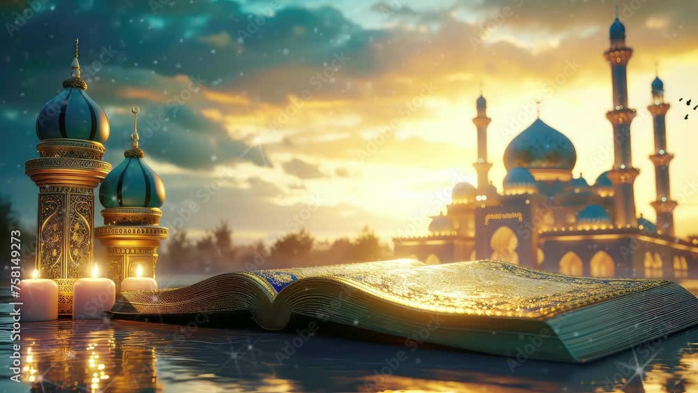 Animation of the holy book koran with islamic background seamless 4k ...