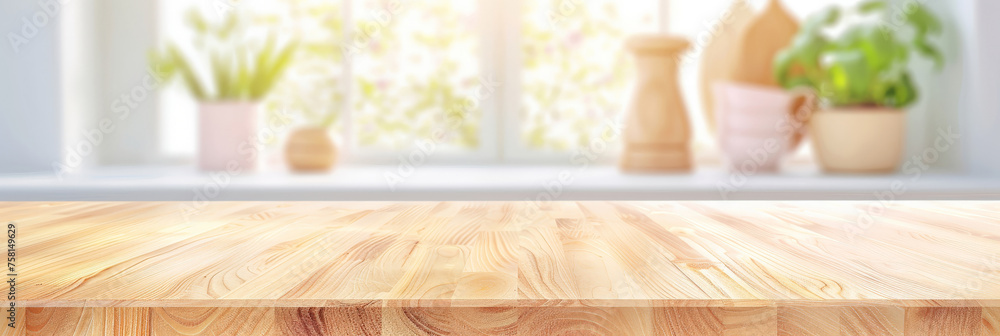 Empty wood table top counter and blur bokeh modern kitchen interior ...