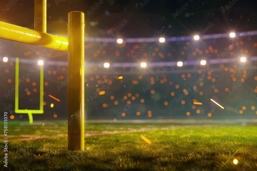 A football field with a yellow goal post and a football on the field ...