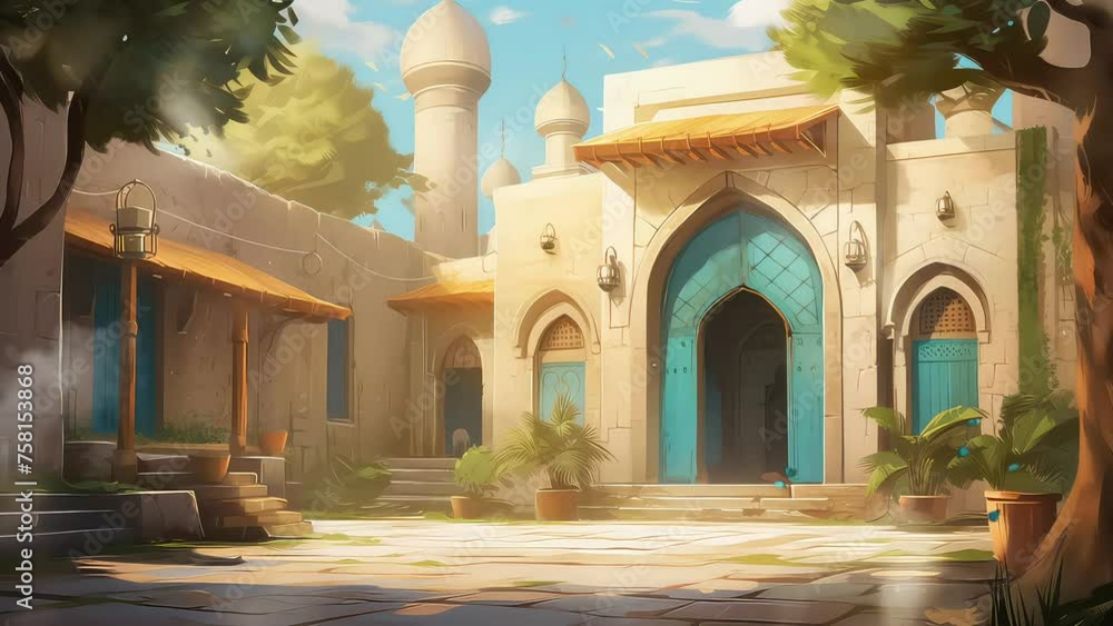 Animation magnificent mosque building cartoon style seamless 4k video ...