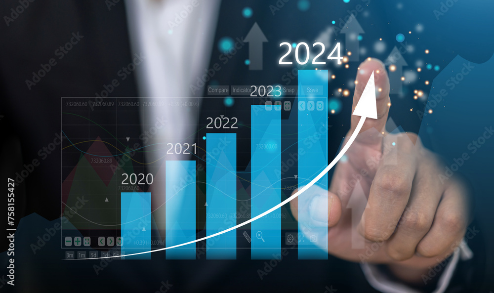 Human with 2024 new year target sale profit and arrow business ...