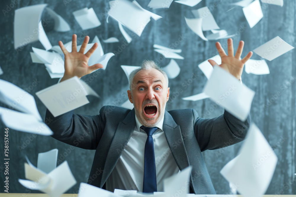Businessman panicking on the background of flying sheets of documents ...