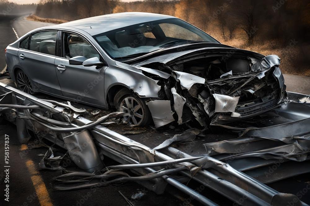 An image focusing on the twisted steel of the guardrail piercing into ...