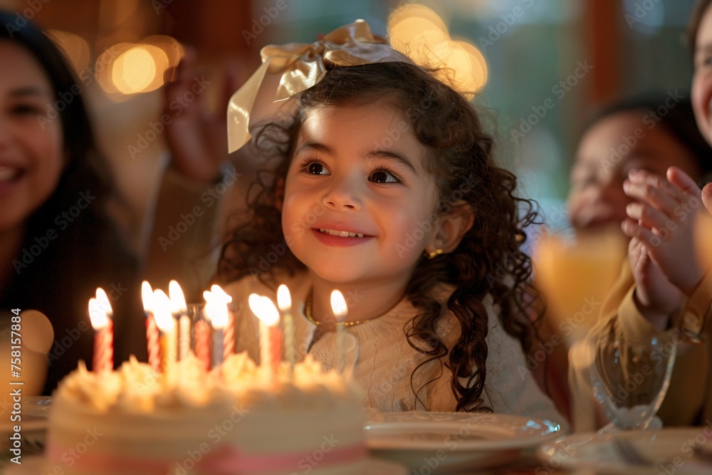 Beaming young girl, turning 7 today, with curly brown hair tied in ...
