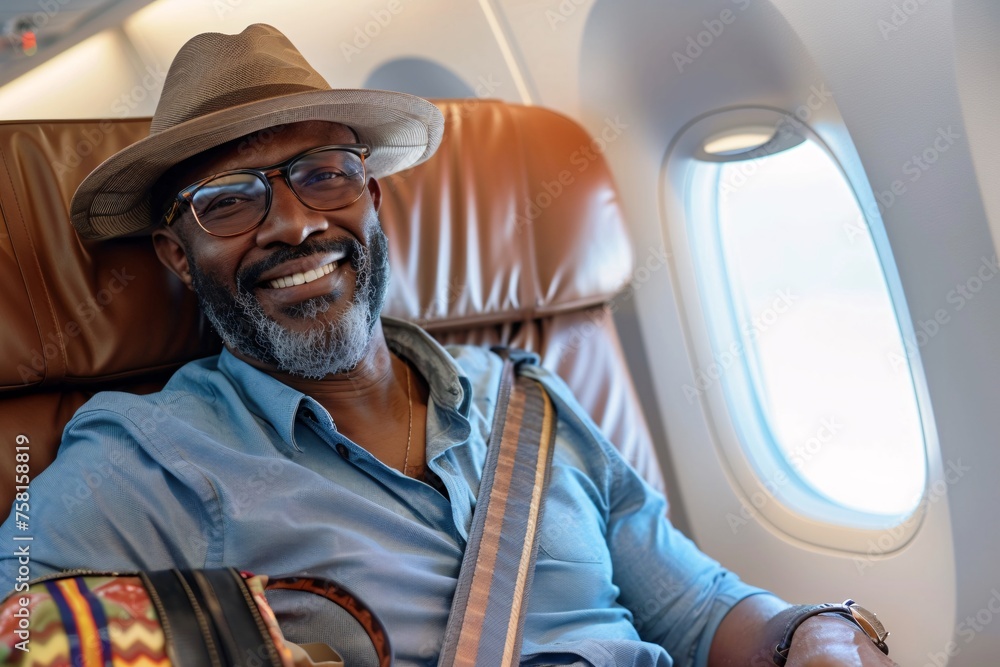 Black man with a satisfied smile, settling into his seat onboard the ...